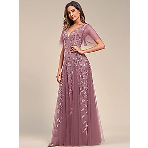 Ever-Pretty Women's Sequin Sparkly V-Neck Short Sleeve Maxi Evening Dress Prom Gowns Orchid US12