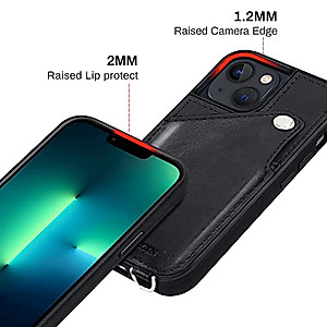 LUCKYCOIN for iPhone 13 Mini Crossbody Case Genuine Leather Card Slot Holders Wallet Protective Case Adjustable Leather Strap Lanyard Compatible with 2021 New Apple iPhone 13 Mini 5.4 inch Black