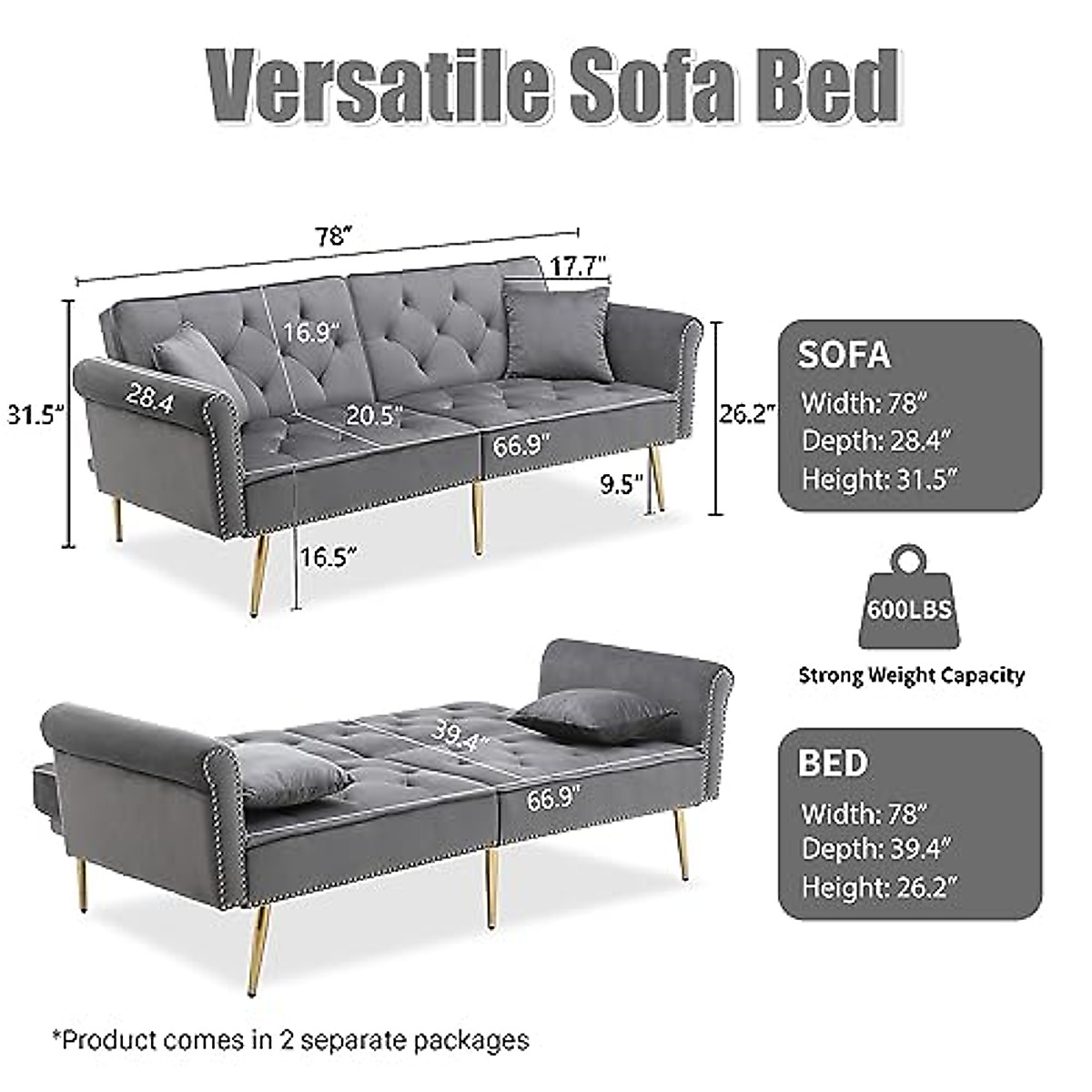 civama Futon Sofa Bed, Velvet 76" Twin Size Couch with 2 Pillows, Convertible 3-Seater 3 Adjustable Angle Tufted Sleeper with Nailhead Trim, Golden Metal Legs Folding Futon for Living Space, Gray