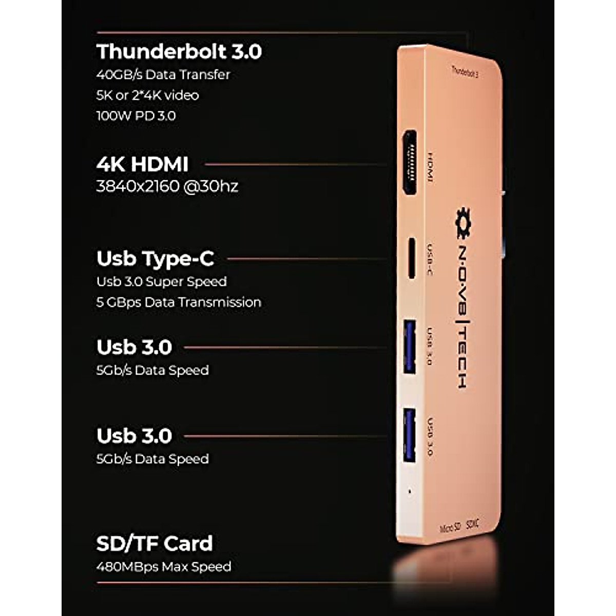 Nov8tech USB C Hub for MacBook Pro & Air M1/M2/M3 2023/2022-2016 - 7 in 2 USB C to C Adapter, Multi Port Dongle for High-Speed Data Transfer Upto 5Gbps - 4K HDMI Adapter for Laptop (Gold)