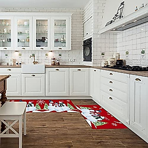 Libaoge Kitchen Mat Rug Set of 2 Christmas Snowman Xmas Tree Snowflake Red Runner Rug Anti-Fatigue Comfort Memory Foam Standing Mat Non-Slip Floor Door Mat for Bathroom Bedroom 18x30in+18x48in
