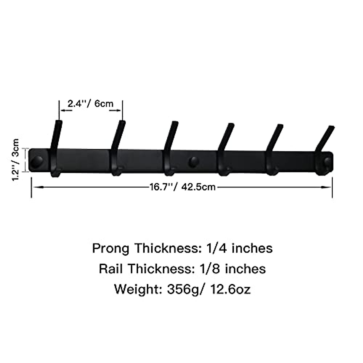 Coat Rack Wall Mounted with 6 Dual Hooks Rail for Hanging Clothes Hats Bags Keys at Entryway Towel Head Wraps Robes at Mudroom Mugs at Kitchen Room Organization (Black)