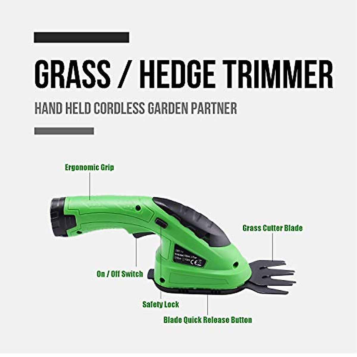 Lichamp 2-in-1 Electric Hand Held Grass Shear Hedge Trimmer Shrubbery Clipper Cordless Battery Powered Rechargeable for Garden and Lawn, CGS-3601 Grass Green