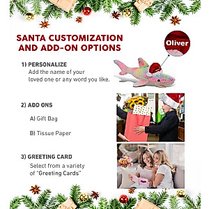 DolliBu Santa Large Rainbow Shark Stuffed Animal Plush Toy - Wild Animal Dress Up with Red Santa Claus Hat, Cute Wildlife Gift, Perfect Holiday with Name Personalization - 23 Inches