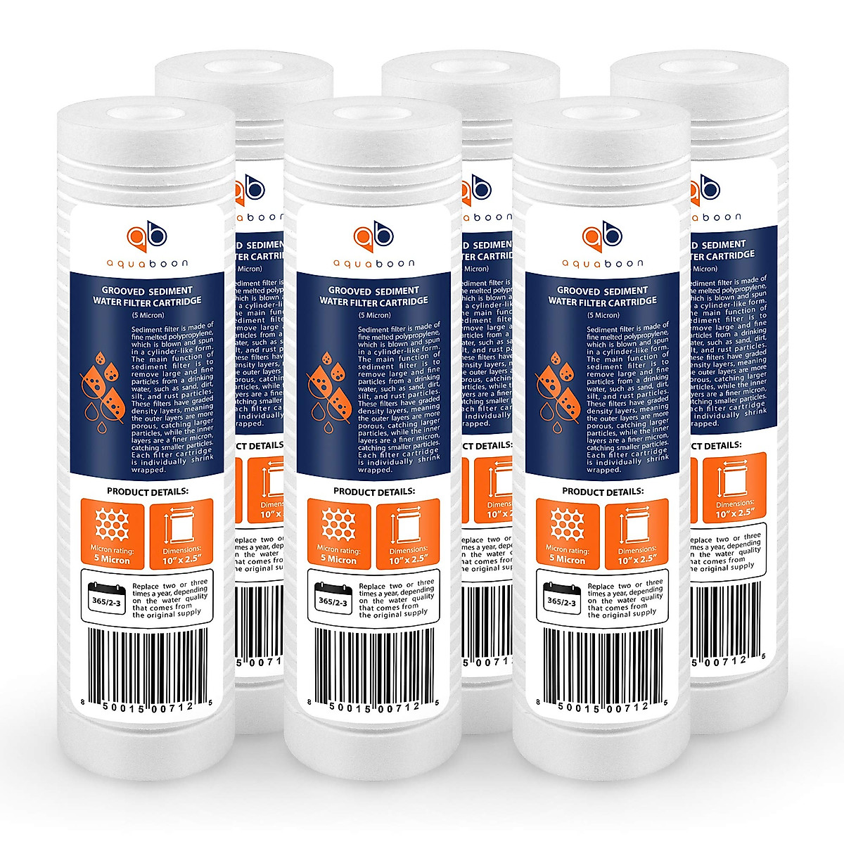 Aquaboon 5 Micron 10" x 2.5" Grooved Sediment Water Filter Replacement Cartridge for Any 10 inch RO Unit, Whole House Sediment Filtration, Compatible with P5, AP110, WFPFC5002, CFS110, RS14, 6-Pack