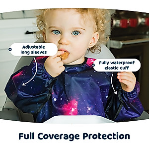 Tiny Twinkle Mess Proof Baby Bib, Cute Full Sleeve Bib Outfit, Waterproof Bibs for Toddlers, Machine Washable, Tug Proof Closure, Baby Smock for Eating, Long Sleeved (Floral Blue, Small 6-24 Months)