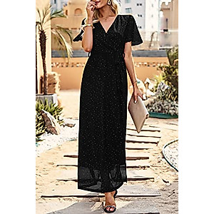PRETTYGARDEN Women's Summer Maxi Glitter Dress Wrap V Neck Ruffle Sleeve Cocktail Party Long Dresses with Slit (Black,Small)