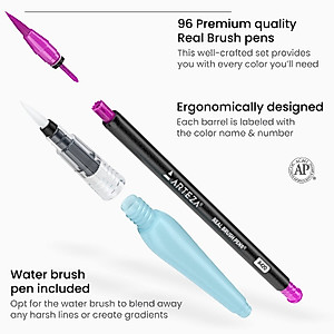 ARTEZA Real Brush Pens, 96 Watercolor Pens, Drawing Markers with Flexible Brush Tips, Watercolor Markers for Artists, and Beginners