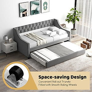 Giantex Upholstered Twin Daybed with Trundle, Modern Trundle Bed with Button Tufted Backrest and Wooden Slat Support, Twin Size Day Bed for Living Room Guest Room, No Box Spring Needed, Grey
