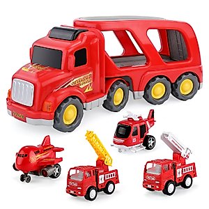 DomiBag Fire Truck Toys for 3 4 5 Years Old Boys Kids Toddlers, Ambulances Vehicles Toy Set, Large Transport Car go Truck, Car Carrier Vehicle Toddler Toys, Christmas Birthday Gifts for Kids