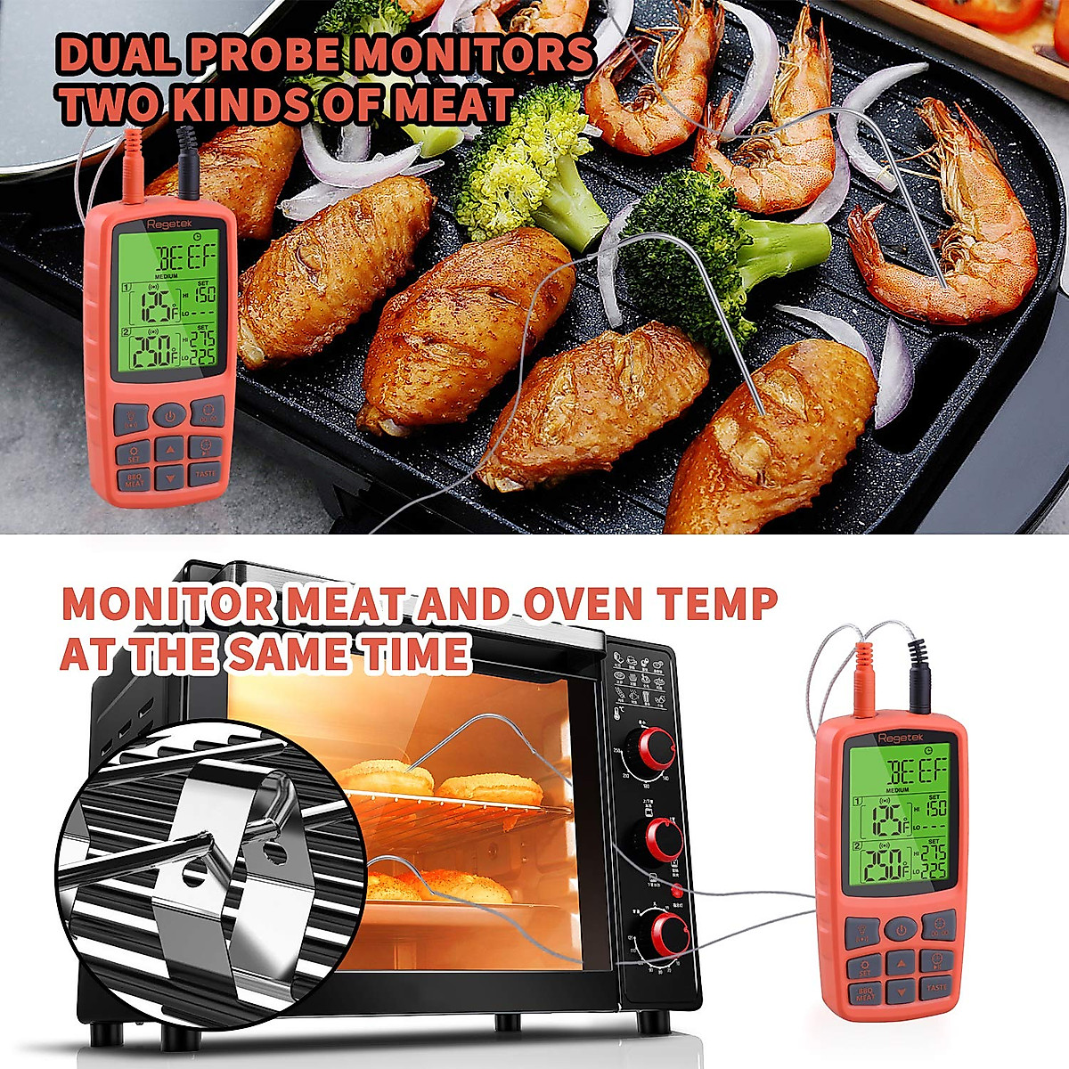 [Upgraded] Regetek Cooking Food Meat Grill Thermometer Clock Timer Alarm for Smoker Oven Kitchen BBQ Dual Probe Digital LCD Backlight Thermometer