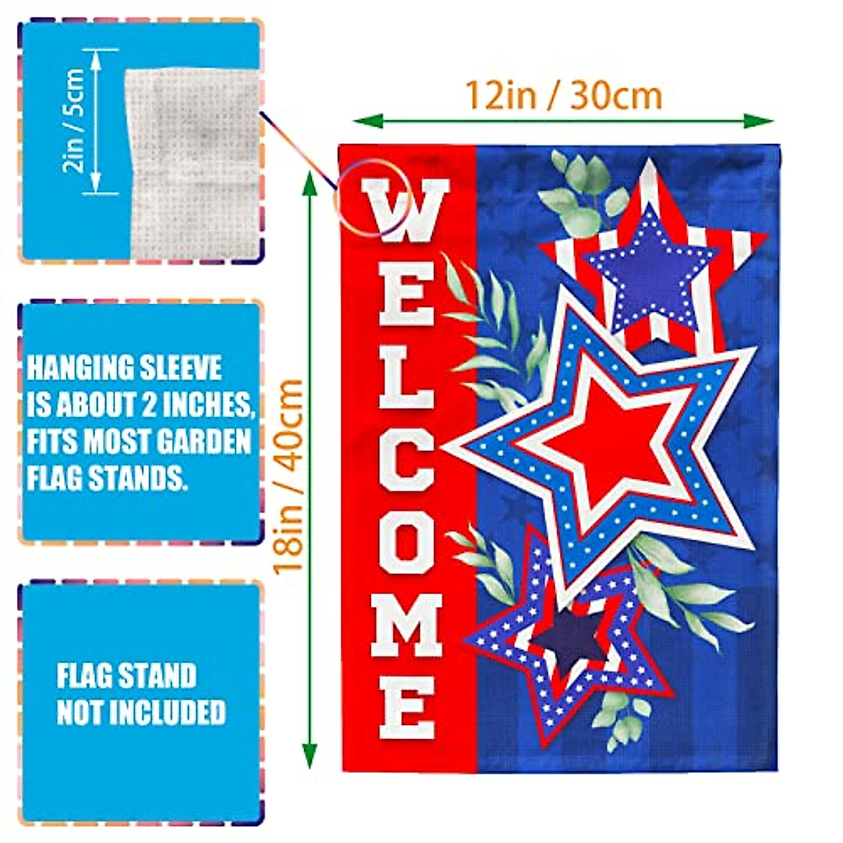 Welcome Star Patriotic Garden Flag for 4th of July Independence Day Outdoor Decoration Double Sided Printing 12x18 Inch
