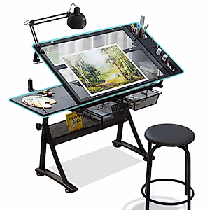 EESHHA Drawing Table Adjustable Glass Drafting Table,Versatile Art Study Table,with Storage Drawers,Art Studio Design Sketching Painting Work Station (Color : Glass) (Glass) (Glass)