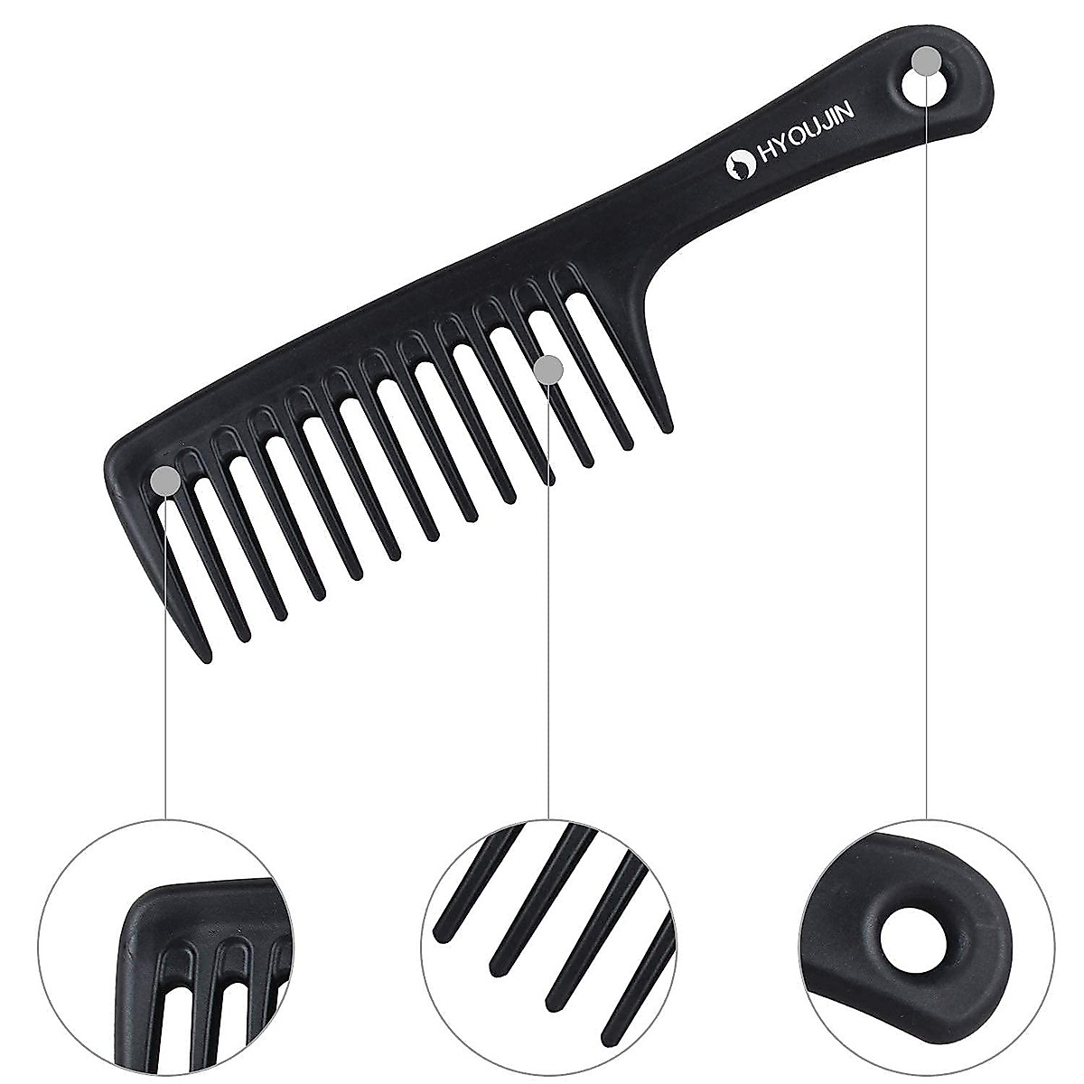 HYOUJIN Black Large Wide Tooth Comb Detangler Detangling Paddle Brush, Care Handgrip Comb-Best Styling Comb for Curly,Wet,Long Hair