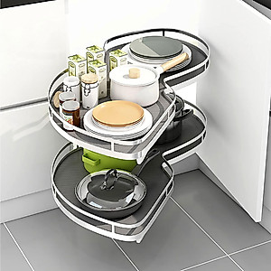 Yu Liao Kitchen Cabinet Blind Corner Organizer,Stainless Steel Saucer Holder,270°Rotating Storage for Cabinet,2 Tiers Swing Tray,Right Handed Open