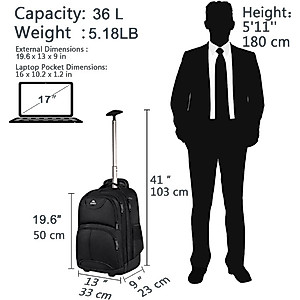 Rolling Backpack, MATEIN 17 inch Water Resistant Wheeled Laptop Backpack, Carry on Luggage Business Bag, College Student Computer Bookbag Trolley Suitcase for Men Women Adults to Travel, Black