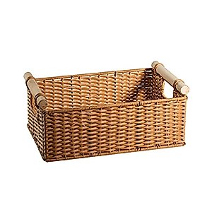 UXZDX Imitated Rattan Storage Basket, Simple Wooden Handle Living Room Finishing Basket, Snack Basket Sundries Storage Basket