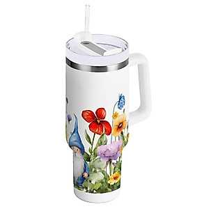Burbuja Gnomes in Wildflowers 40oz Insulated Tumblers with Handle and Straw Lid, Double Wall Stainless Steel Travel Mug Leak-Proof, BPA Free, Gift for Mom Dad