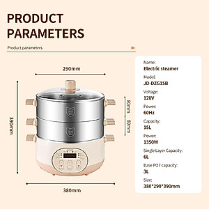 Joydeem Electric Food Steamer for Cooking, 2-Tier Stainless Steel Vegetable & Food Steamers, 15L Large Capacity, JD-DZG15B