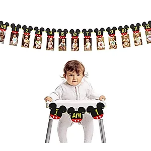 Mickey Mouse First Birthday Banners - NB to 12 Month Photo Banner with I am One High Chair Banner - First Birthday Decorations - Mickey Mouse Party Supplies - Picture Frame Banners - Clubhouse Decoration for 1st or 12th Birthday