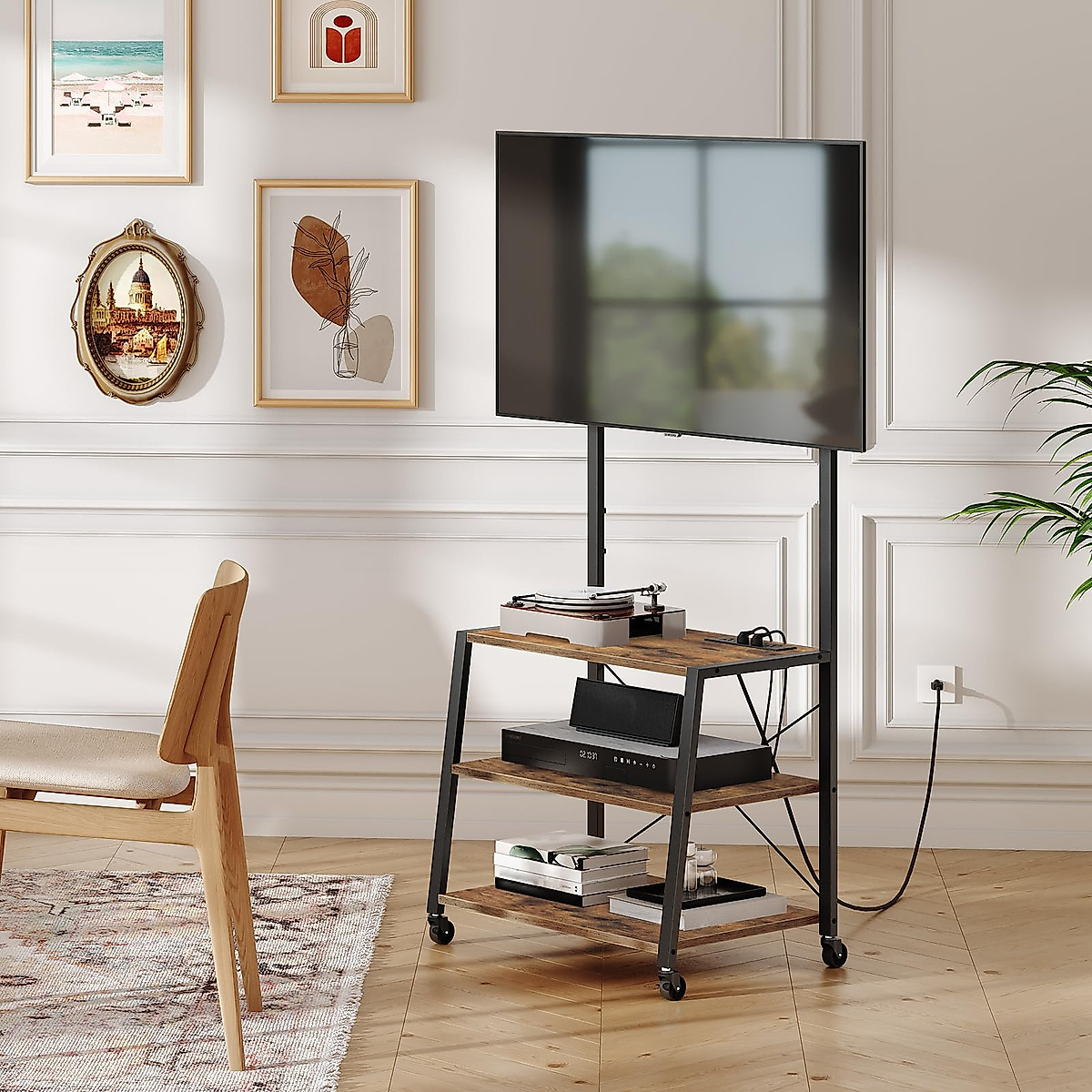 HOOBRO Rolling TV Stand with Mount and Power Outlet Up to 55 inch TV, Corner Entertainment Center, Small TV Stand with 3-Tier Storage Shelves for Living Room, Bedroom, Rustic Brown and Black BF66UDS01