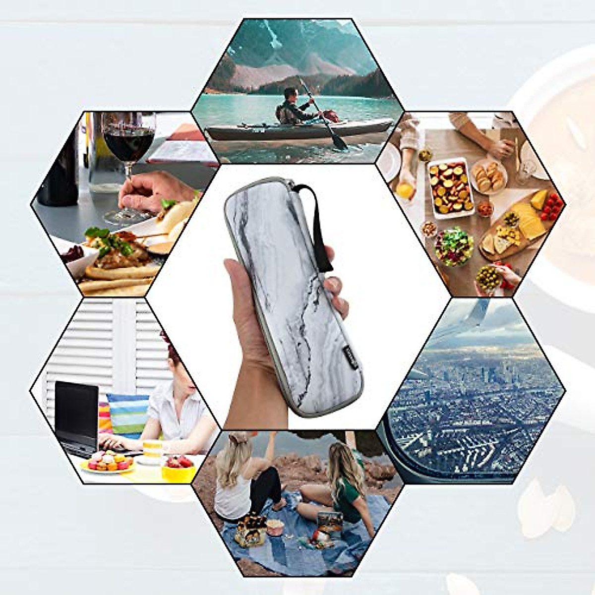 CM Reusable Portable Travel Tableware Carrying Bag Storage Case Cutlery Flatware Organziers for Straw Spoon Fork Chopsticks Utensil Holder (Marble White Pattern)