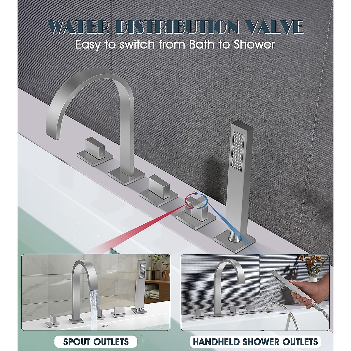 Roman Bathtub Faucet Set with Handheld Sprayer and Rough-in Valve Widespread Deck Mount 5 Hole Classic High Arch Tub Faucets Trim Kit 3 Handle with Diverter Lever Bath Tub Filler (Black)