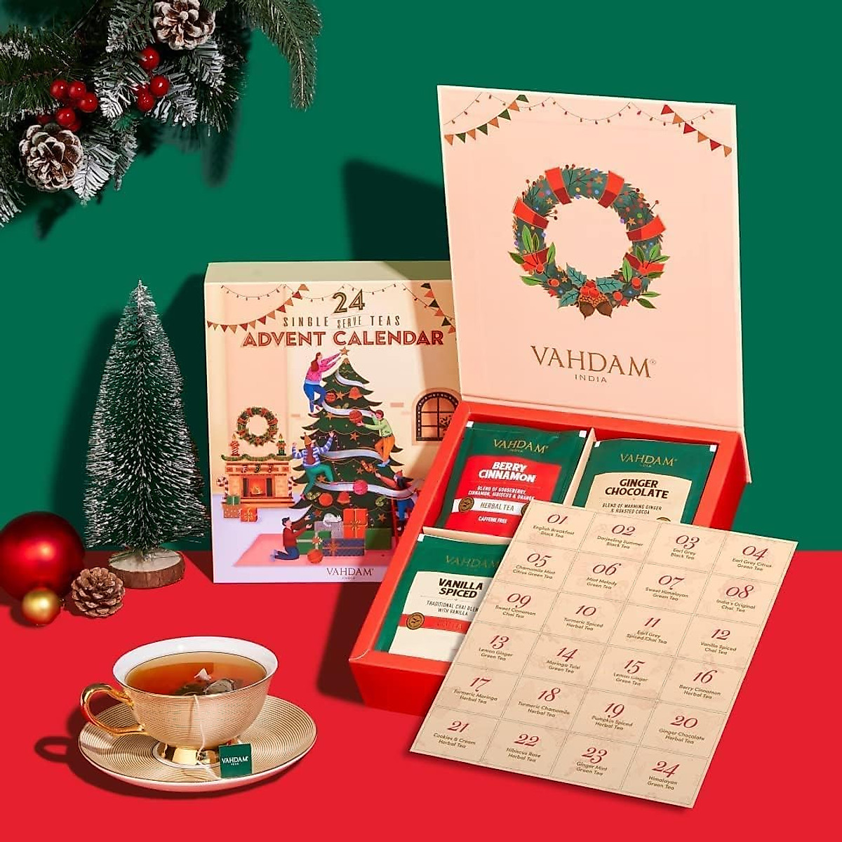 Limited Edition - Advent Calendar 2024 Tea Bags 24 Unique Flavors - Luxury Holiday Gift Box | Christmas Advent Calendar 2024 for Adults | Advent Calendar 2024 Adult Women and Men | VAHDAM