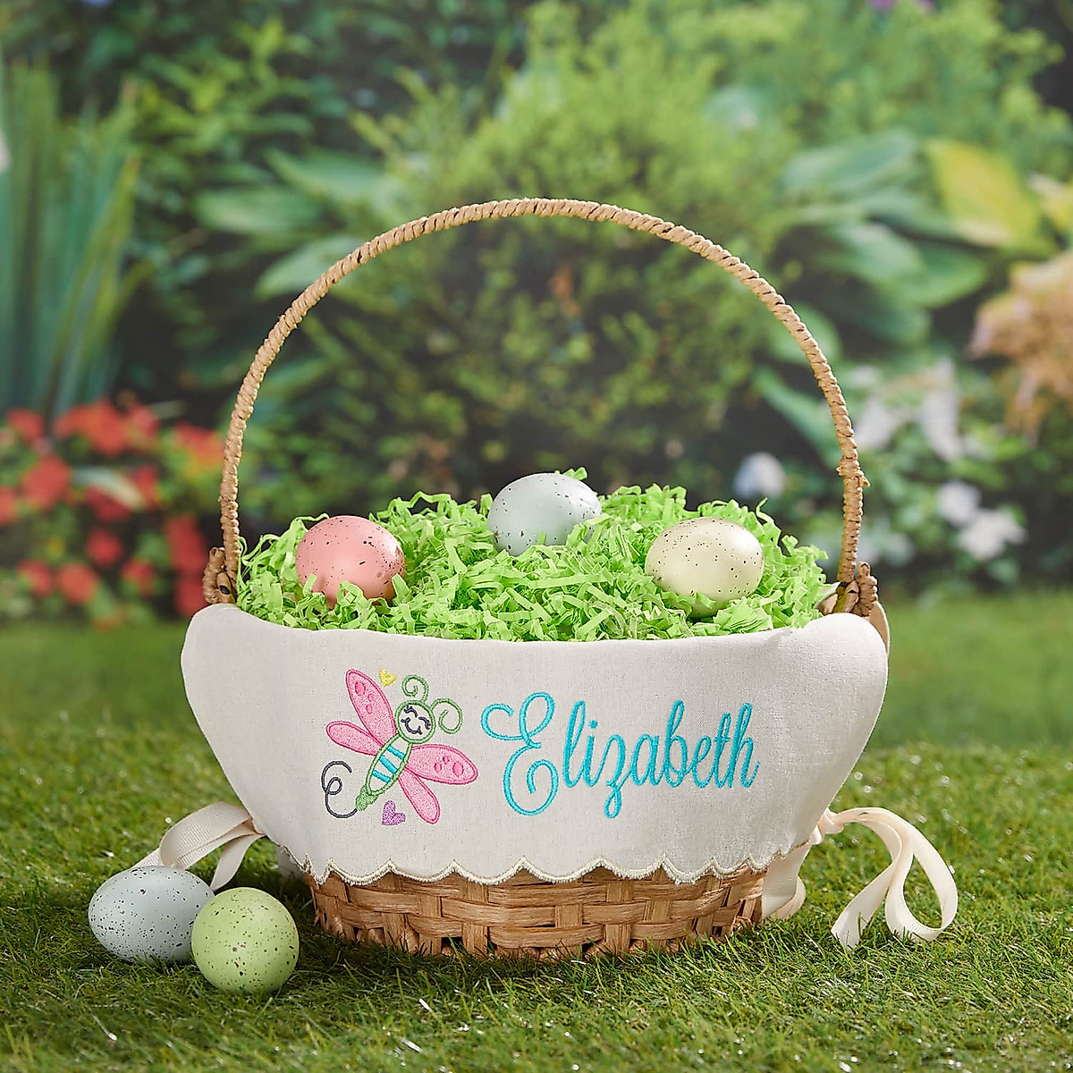 Dragonfly Personalized Easter Egg Basket with Handle and Custom Name | Scallop Edge Linen Easter Basket Liners | Tan Basket | Woven Easter Baskets for Kids | Customized Easter Basket