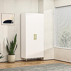 NOVAMAISON White Storage Cabinet 69” Tall - Storage Cabinet w/ 2 Doors and Adjustable Shelves, Freestanding Kitchen Pantry w/Gold Handles and Legs, Wooden Wardrobe Cabinet for Bedroom, Laundry
