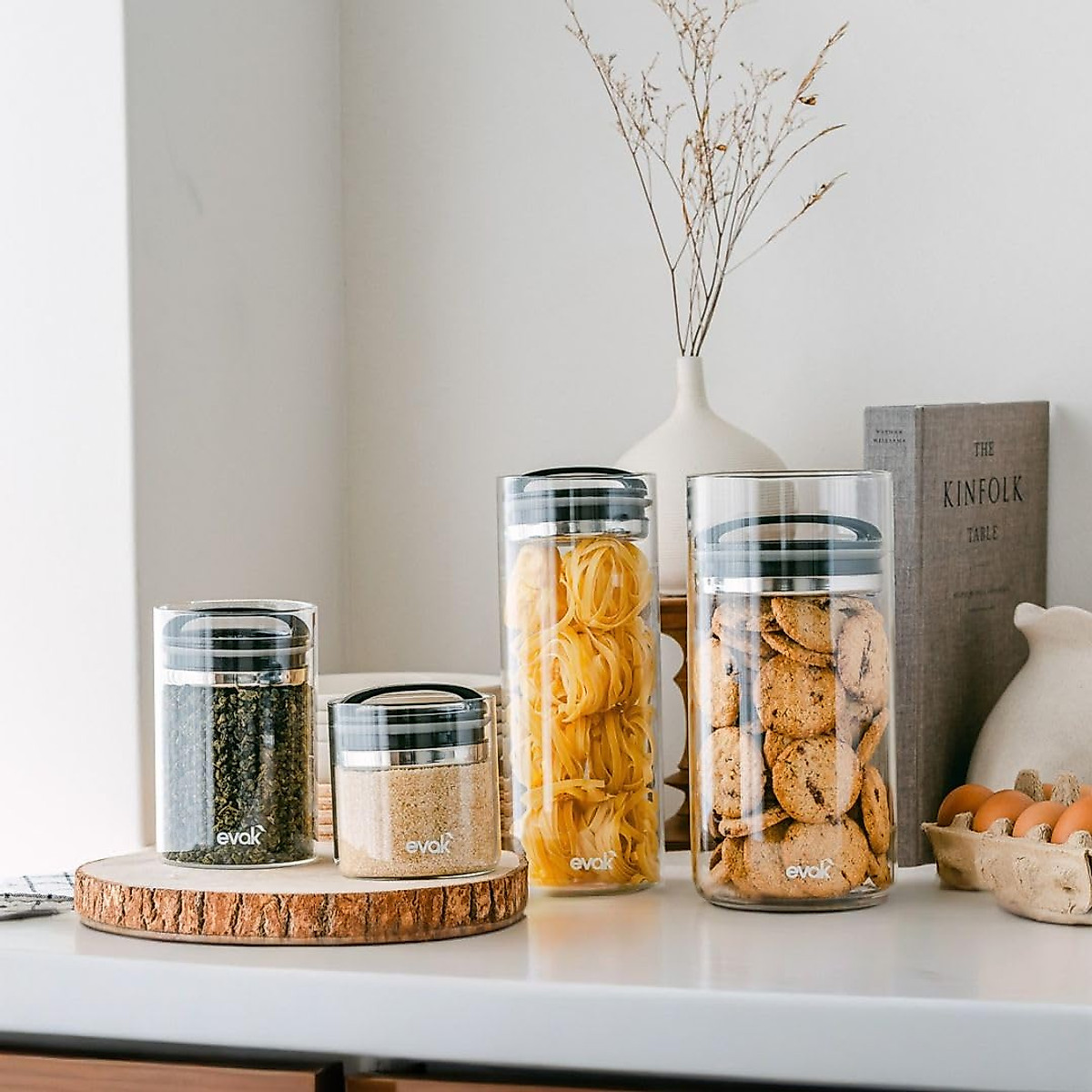 Best PREMIUM Airtight Storage Container for Coffee Beans, Tea and Dry Goods - EVAK - Innovation that Works by Prepara, Glass and Stainless, Compact Black Gloss Handle, Large -