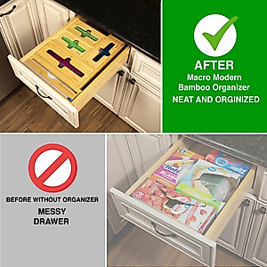 Bamboo Food Bag Storage Organizer for Kitchen Drawer, Plastic Bag Organizer with Individual Boxes and Plastic Wrap Cutter - for Sandwich, Slider, Quart, Slider Quart, Gallon, Plastic Wrap, Foil