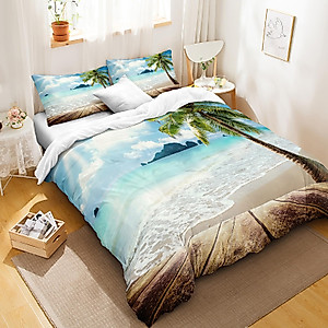 Bedbay Tropical Bedding Set Queen Size,Beach Duvet Cover,Sunny Beach Palm Tree Comforter Cover,Summer Bedding Beach Room Decor,3 Pieces Soft Beach Quilt Cover with Zipper Closure(Beach,Queen)
