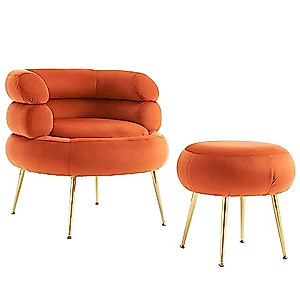 (77 x 72 x 72) Cm(L x W x H) Orange Elvet Accent Chair with Arms for Living Room, Modern Single Sofa Armchair with Ottoman Upholstered Reading Club Chair for Bedroom Office Decorative