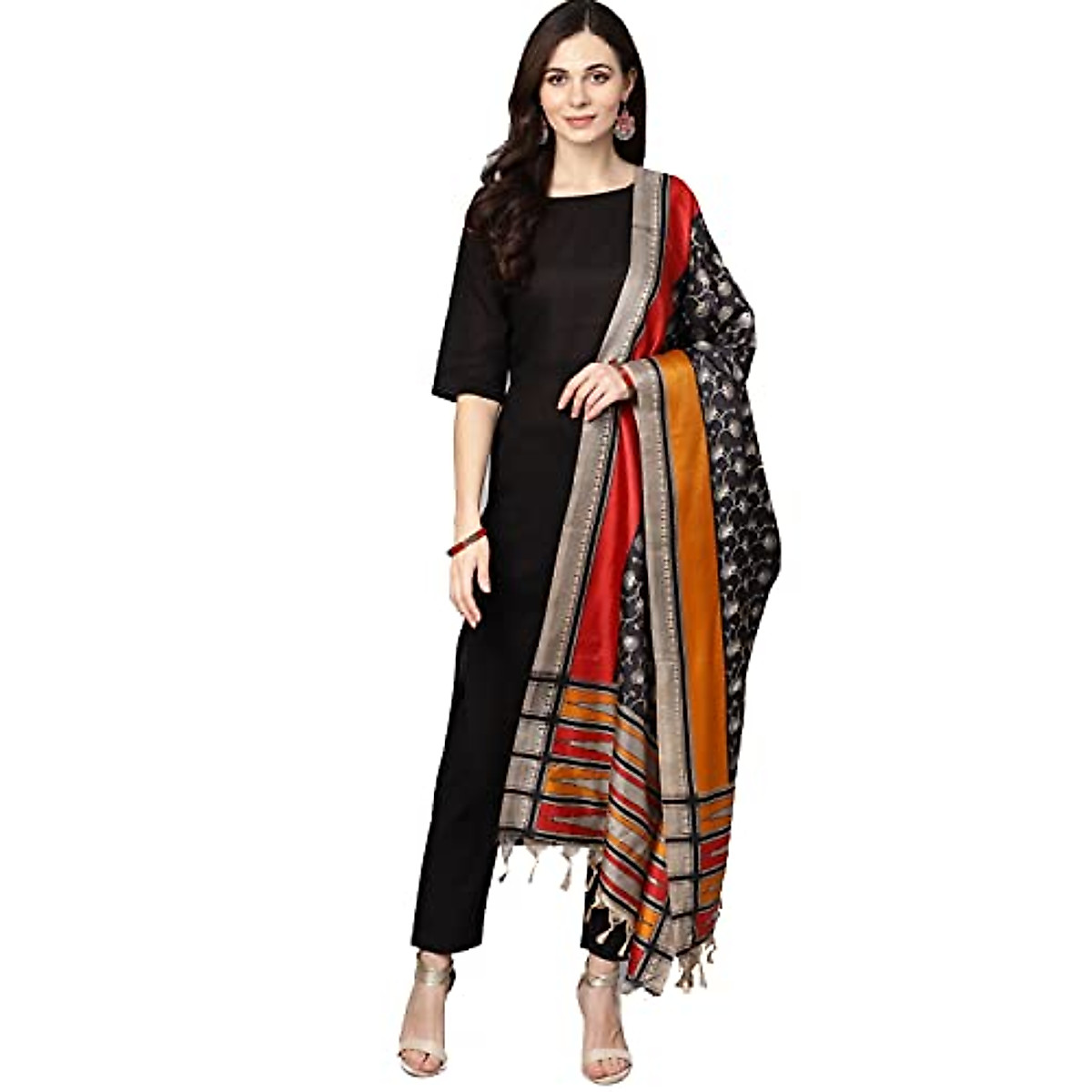 Arayna Women's Cotton Solid Straight Kurta Set with Palazzo Pants and Printed Dupatta, Black, Medium