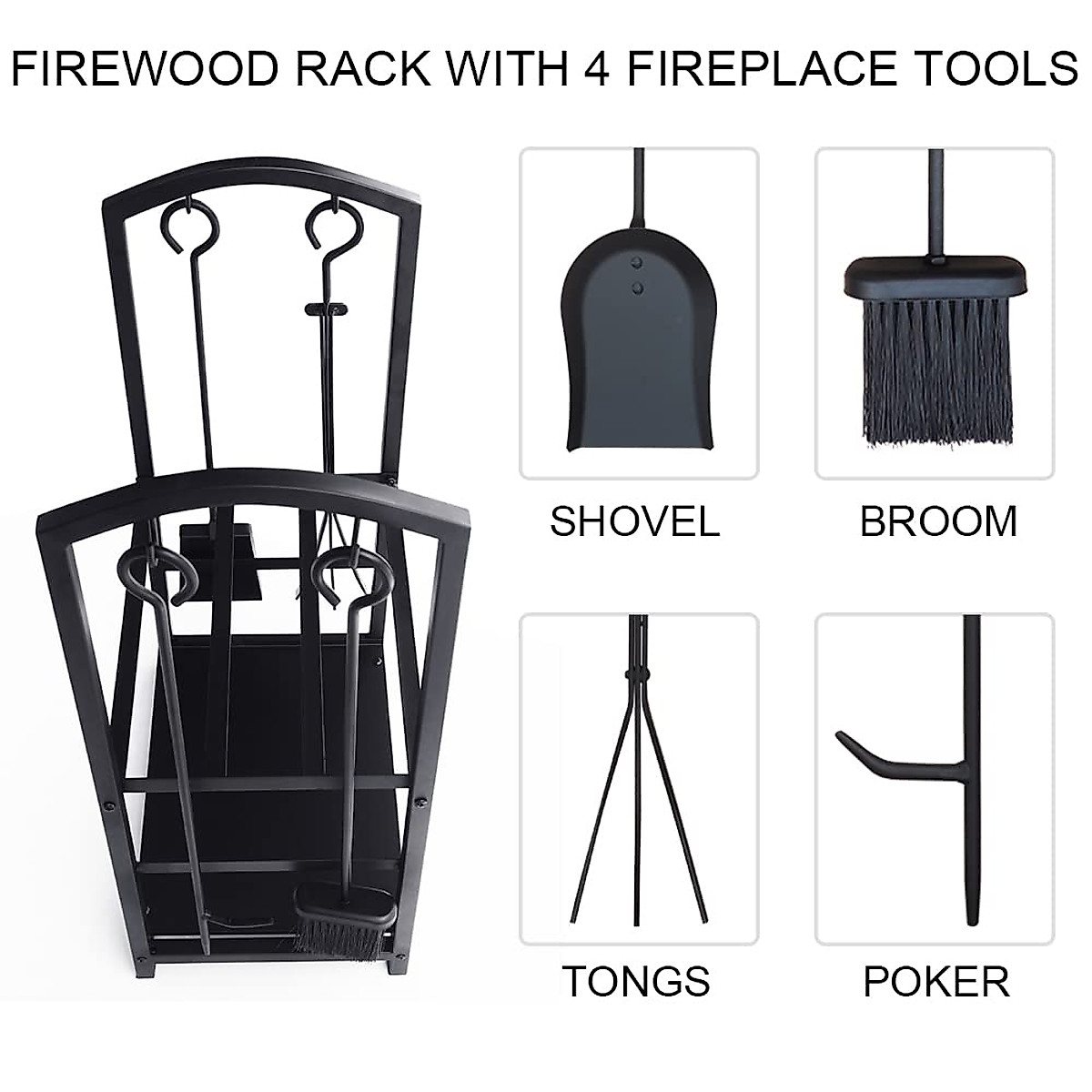 Babylon Fireplace Tools Log Rack Set with 4 Piece Tools Wrought Iron Black Fireplace Tools Firewood Holder Carrier Storage Rack with Brush Shovel Poker Tongs for Indoor Outdoor