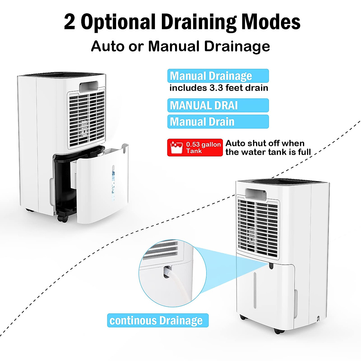 Kndko 2000 Sq. Feet Dehumidifiers, 30 Pint Dehumidifier for Basement, Home and Bedroom With Auto or Manual Drainage - Dehumidifiers With Drain Hose, 3 Operation Modes & 12HR Timer