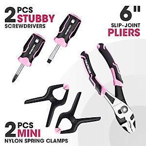 WORKPRO Pink Real Tool Set for Kids with 12 Inch Mini Steel Tool Box with Wheels, 10PCS Kids Real Tools with 2 Drawers Desk Metal Rolling Tool Chest, Children's Tool Kit for Home DIY- Pink Ribbon