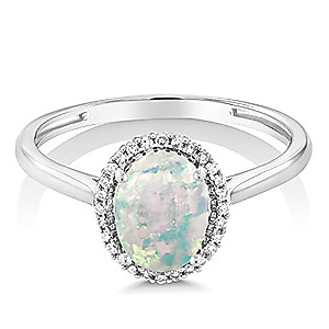 Gem Stone King 10K White Gold 8X6MM Oval Gemstone Birthstone & White Diamond Halo Engagement Ring | Wedding Anniversary Promise White Gold Ring For Women | Size 5,6,7,8,9