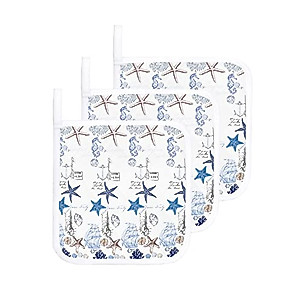 Coastal 3 Pack Pocket Pot Holders,Heat Proof Potholder Multipurpose Hot Pads Oven Mitts Terry Cloth,Undersea Starfish Shell Seahorse Potholders Bulk for Daily Kitchen Baking Cooking