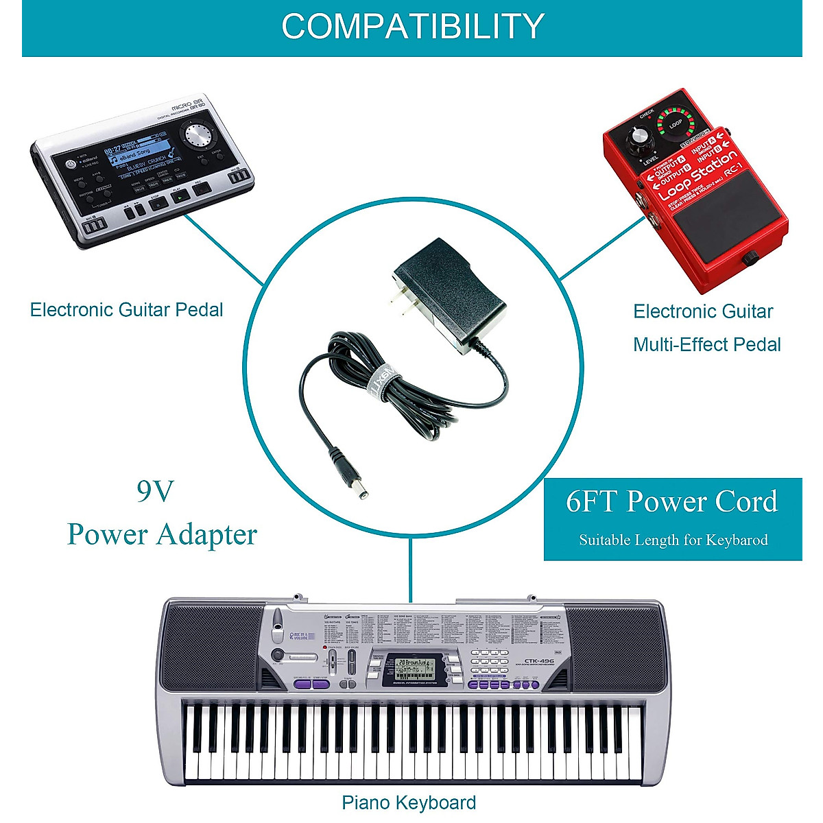 6FT Extra Long Power Adapter Cord for Casio CTK-451 CTK-471 Keyboard Wall Charger Power Supply