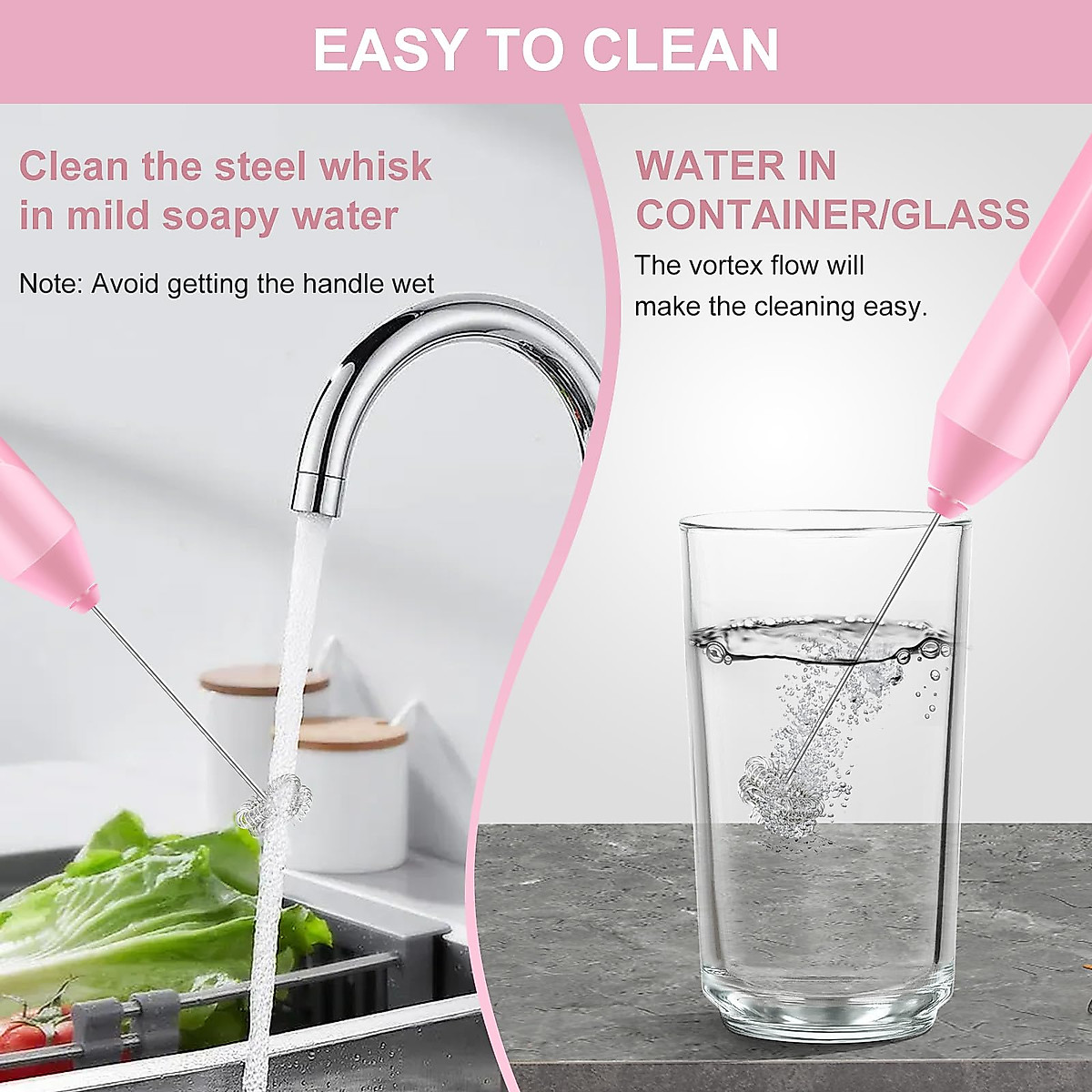 Double Whisk Milk Frother, Handheld Electric Blender stick, Drink Mixer with Food Grade Stainless Steel Stirrer, Battery Operated Foam Maker for Coffee, Cappuccino, Matcha,Hot Chocolate Latte, in Pink