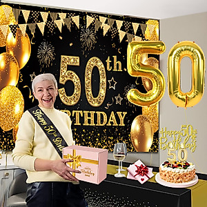 50th Birthday Decorations Men Women with 50th Birthday Banner, Black and Gold Table Cloth, 50 Number Balloons, 50th Birthday Sash, 50th Birthday Cake Topper and 50th Birthday Candles