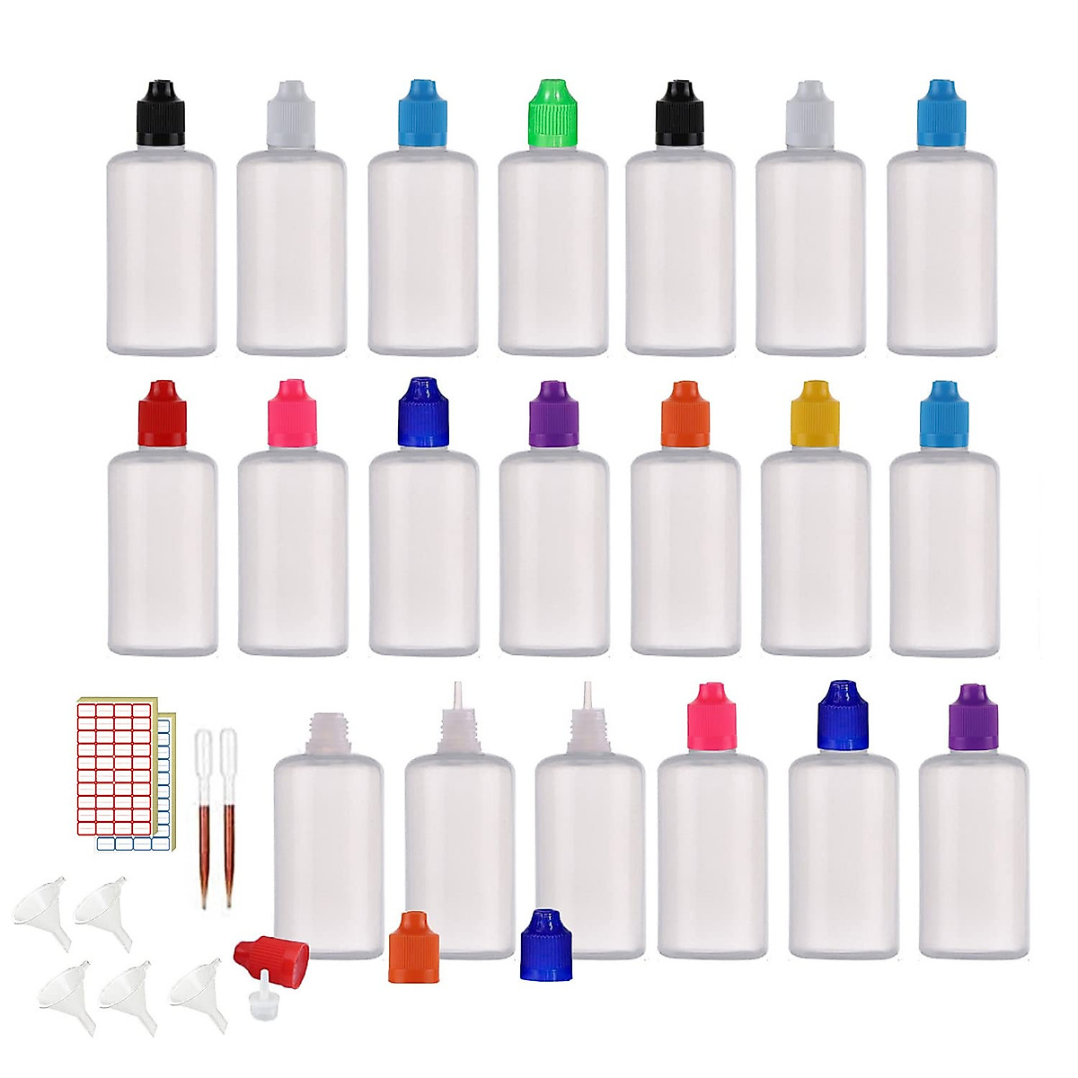 SmaUnicorn 20pcs x 50ml (1.7oz) LDPE Empty Squeezable Liquid Dropper Bottles Eye Dropping Containers with Mixed CRC Caps Free Funnels Pipettes Blank Labels