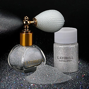 LATIBELL Body Glitter Spray, Glitter Spray for Hair and Body Face Clothes Nails, Body Shimmer Spray Make up for Festival Rave Accessories- with 0.35 oz Replacement & 0.176 oz Priming Cream (Silver)
