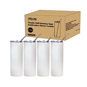 PYD Life Sublimation Glitter Tumblers Rainbow White Blank Straight 20 OZ Skinny Cups with Lid and Metal Straw 4 Pack