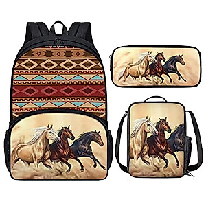 Epaihaiy Aztec Horse Middle School Backpack for Boys Girls 8-10 Kids Bookbags Junior Back to School Backpack with Lunch Box Pencil Case Set of 3 School Bags
