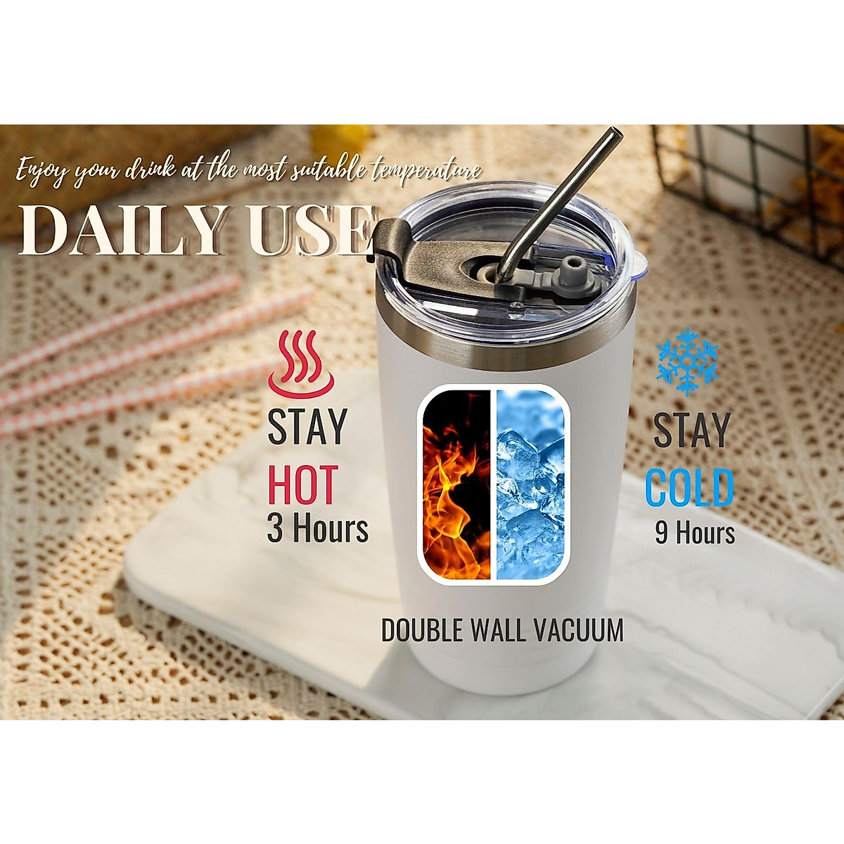 Onebttl Cat Gifts for Cat Lovers, Insulated Stainless Steel Tumblers with Lids and Straws, Funny gifts for Cat Mom, Dad on Birthday, Christmas, 20 oz, White, I'm Fine