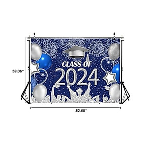 LYCGS 7X5ft Graduation Backdrop Navy Blue and Silver 2024 Graduation Party Backdrop for Class Celebration Graduation Prom Party Decor Supplies Photo Booth Banner X-52