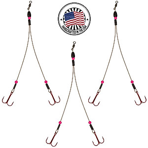 Tooth Shield Tackle Tungsten Weighted Ice Fishing Tip Up Leader Rig (90 lb) Ice Fishing Sucker Walleye Pike Musky Predator Rig (3 Pack) (Camo/Pink Bead/Predator Rigs) (Hook Size: 1/0)